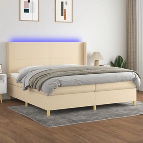 Box spring postel s matrací a LED krémová 200x200 cm textil