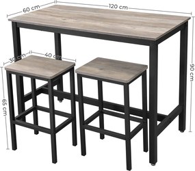Barový stůl se 2 barovými židlemi, barový pult 120 x 90 x 60 cm, šedý a černý