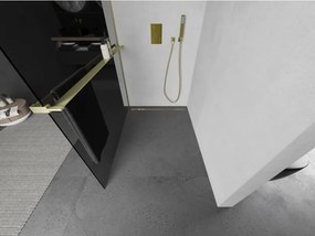 Mexen Kioto+, sprchová zástěna Walk-In s poličkou a věšákem 140 x 200 cm, 8mm šedé sklo, zlatý matný profil, 800-140-121-55-40