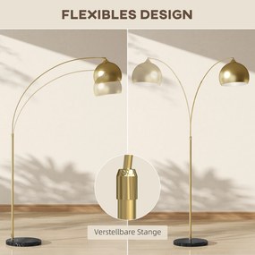 HOMCOM Oblouková lampa, stojací lampa, výškově nastavitelná, nožní vypínač, podstavec s efektem mramoru, 170-180cm, zlatá/černá