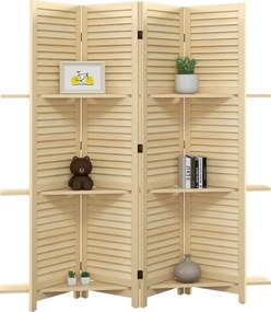 HOMCOM Příčka do interiéru 4 panely 160D x 170V cm 3 skládací police s žaluzkovými dveřmi z přirozeného paulovního dřeva