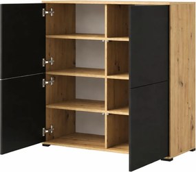 Komoda se skříňkami Logan 4D černý mat/dub artisan na nízkých nožkách