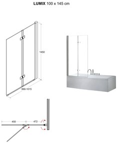 BESCO Vanová zástěna LUMIX BARVA rámu - Chrom/Leštěný hliník (ALU), Rozměr A - 100 cm, Směr zavírání - Univerzální Levé / Pravé, Výplň - Čiré bezpečnostní sklo - 6 mm - BCLUM10CC