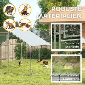 Ocelový výběh pro kuřata PawHut, 300 x 800 x 195 cm, klec pro kuřata s krytem odolným proti UV záření, dvířka na krmení, závěsné krmítko, bidýlko, vý…