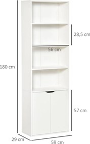 HOMCOM Knihařský regál se 4 otevřenými přihrádkami a 2 dvířky do obývacího pokoje a kanceláře, nosnost 80 kg, rozměry 59x29x180 cm, bílý