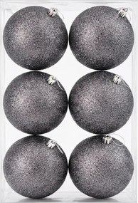 Sada vánočních ozdob šedá glitter 10 cm plastová koule, balení 6 ks