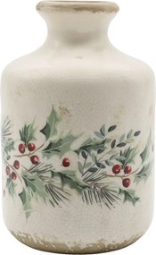 Béžová keramická váza s cesmínou Holly Christmas Antique – Ø 11*17,5 cm