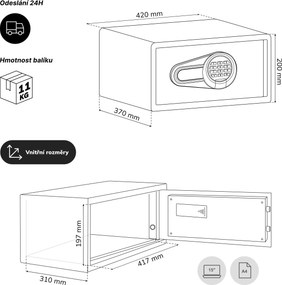 Hotelový trezor elektronický s kódovým zámkem, na notebook 15″ a dokumenty, 200 x420x370 mm: ALFRED