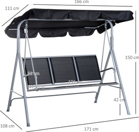 Outsunny Hollywoodská houpačka 3místná elegantní zahradní houpačka se střechou kovový rám černá stříbrná 171x108x154cm pro zahradní terasu |