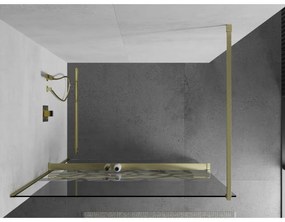 Mexen Kioto+, sprchová zástěna Walk-In s poličkou a věšákem 130 x 200 cm, 8mm čiré sklo bílý vzor, ​​zlatý matný profil, 800-130-121-55-85