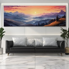 Obraz na plátně - Letní krajina s kopečky v mlze FeelHappy.cz Velikost obrazu: 210 x 70 cm