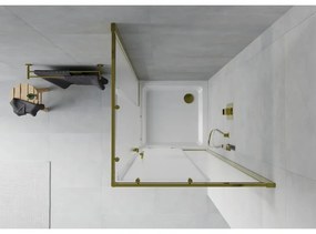 Mexen Rio, čtvercový sprchový kout s posuvnými dveřmi 70 (dveře) x 70 (dveře) x 190 cm, 5mm sklo námraza, zlatý profil + bílá sprchová vanička SLIM, 860-070-070-50-30-4010G