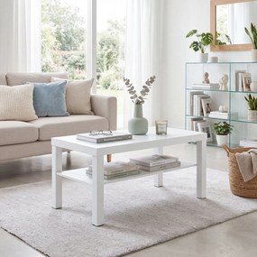 HOMCOM konferenční stolek do obývacího pokoje, obdélníkový odkládací stolek se 2 úrovněmi a odkládací přihrádkou, 90x45x44,5 cm, bílá