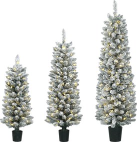 HOMCOM Sada 3 ks sněhem pokrytých LED vánočních stromků, úzké, s PVC větvemi, 90/120/150 cm