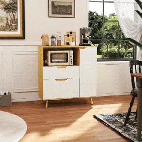HOMCOM kuchyňská skříňka pro mikrovlnnou troubu, 1 zásuvka, 2 skříňky s polici, 90 x 40 x 98,5 cm, dřevo a bílá