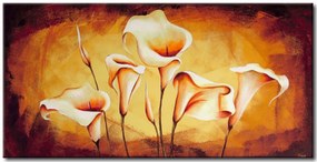 Obraz Jemné květy (5dílný) - světlé kálie na pozadí s prvky zlata
