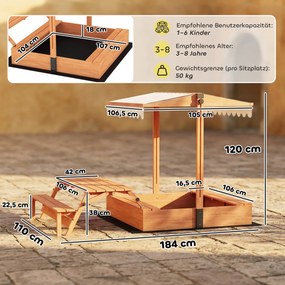 AIYAPLAY dřevěné pískoviště pro děti s nastavitelným baldachýnem, sklápěcím piknikovým stolkem a lavicemi, pro 6 dětí, 184 × 110 × 120 cm, hnědé