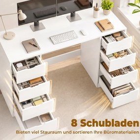 HOMCOM Psací stůl 140 cm s 8 zásuvkami, moderní kancelářský stůl s úložným prostorem, bílý vzhled dřeva