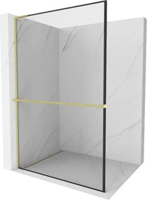 Mexen Kioto+ L, sprchová zástěna Walk-In s poličkou a věšákem 120 x 200 cm, 8mm čiré sklo černý vzor, ​​zlatý matný profil, 800-120-123-55-70