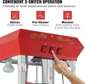 Popcorn Popper Stroj s vozíkem Popcorn Maker 850 W 227 g 11,4 l červený