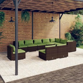 vidaXL 10dílná zahradní sedací souprava s poduškami polyratan [3102595] Barva: Hnědá a zelená