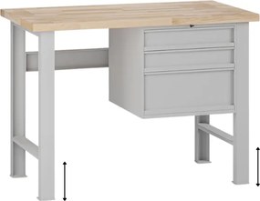 Výškově nastavitelný dílenský stůl G7, buková spárovka, 1200 x 685 x 840-1040 mm, 1x kontejner, 3 zásuvky, šedá