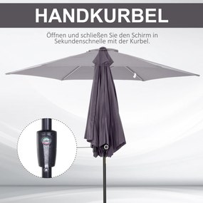 Zahradní slunečník Outsunny z hliníku Ø260x235 cm s naklápěcí konstrukcí, klikou a 6 kovovými tyčemi pro venkovní terasu a balkon - Šedý