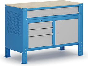 Dílenský stůl G9, 1 skříňka, 5 zásuvek, výškově stavitelný, 1180 x 595 x 715-975 mm, šedá/modrá