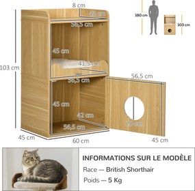 PawHut Kočičí záchodová skříňka, kabinet na kočičí záchod, 3 úrovně, oddělení uzavřené dveřmi, 1 polštář, 60 x 45 x 103 cm