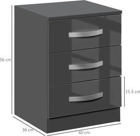 Moderní noční stolek HOMCOM, set 2 kusů se 3 zásuvkami do ložnice a obývacího pokoje z MDF, 40x36x56cm, šedý