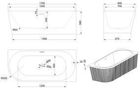 Invena Invena, volně stojící vana 170x80x58 cm, pravá, bílá lesklá, černý přepad, INV-AN-02-14P-KPL