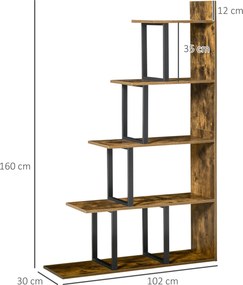 HOMCOM Knihařský regál s 5 policemi ve stylu industriálního schodiště 102 x 30 x 160 cm Rustikální hnědá