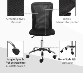 Kancelářská židle Vinsetto bez područek, ergonomická kancelářská židle, výškově nastavitelná, max. nosnost 100 kg, černá | Aosom