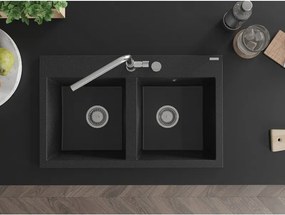 Mexen Hektor, 2-komorový granitový dřez 800x480x205 mm, černá-stříbrná metalíza, chromový sifon, 6521802000-73
