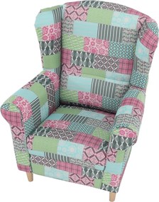 relaxační křeslo, ušák, dřevo/látka, nohy světlé/potah patchwork M1, Tempo Kondela CHARLOT