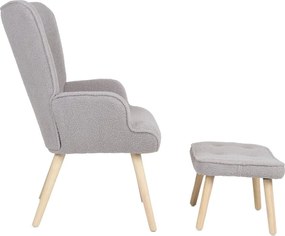 Relaxační křeslo ušák ROMEO II + taburet — masiv, látka bouclé, přírodní / šedá