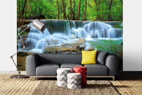 DIMEX | Samolepicí vliesová fototapeta na zeď Mohutný vodopád v lese MA-5-3249 | 375 x 250 cm | zelená, bílá, hnědá