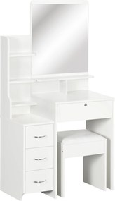 HOMCOM Toaletní stolek s taburetem a zrcadlem, toaletní stůl se 4 zásuvkami, 4 úložnými prostory, moderní styl, 80x38x143 cm Bílá | Aosom
