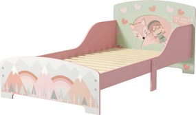 Dětská postel ZONEKIZ dřevěná 143x77x60 cm pro děti ve věku 3-6 let s bezpečnostními zábranami a potiskem Max. nosnost 40 kg Moderní růžový nábytek d…