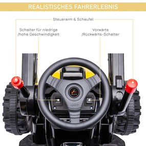 HOMCOM Dětské elektrické sedátko bagr 2 rychlostní stupně s volantem a ramenem lopaty pro 3-5 let do nosnosti 25 kg, žluté | Aosom.de