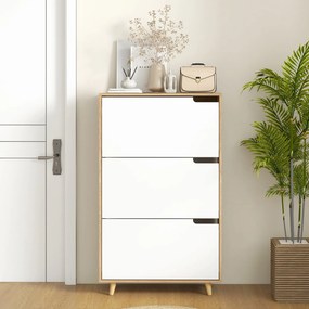 HOMCOM Botník se 3 dveřmi, regál na boty s nastavitelnou policí, 72Š x 24H x 119V cm, Přírodní a Bílý | Aosom