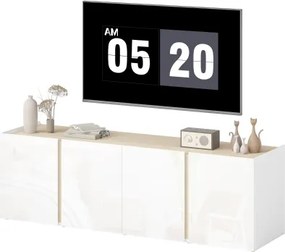 HOMCOM TV nábytek, TV stolek se 4 měkce zavírajícími se dvířky, nastavitelnou policí a otvorem pro kabely, 135 x 38 x 45 cm, bílá
