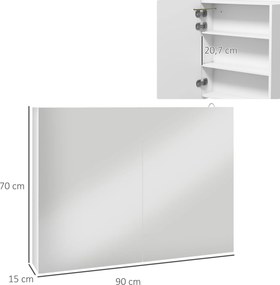 Kleankin nástěnná zrcadlová skříňka s LED osvětlením pro koupelnu 2-v-1, rozměry 90D x 15Š x 70V cm