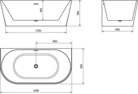 Mexen Oval, volně stojící nástěnná vana 160 x 80 cm, bílá-černá, zlatý lesklý přepad, 52671608075-50