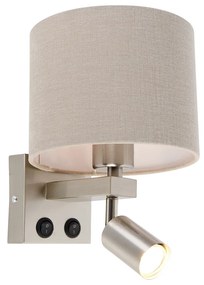 Nástěnná lampa z oceli s lampičkou na čtení a stínítkem 18 cm světle hnědá - Brescia