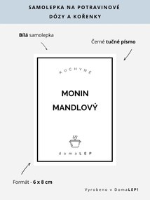 Samolepka na láhev MONIN MANDLOVÝ 6 x 8 cm – bílá vinylová, voděodolná, omyvatelná samolepka na dózy, tučné písmo