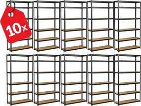 Akce 10x Regál 220x100x40 cm lakovaný 6-policový, nosnost 1050 kg - černý