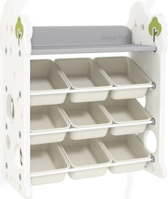 Dětská police AIYAPLAY, 4 patra s 9 odnímatelnými boxy, úložná police, háčky, úložný systém pro školky, herny, 77 x 42 x 94 cm, krémová | Aosom