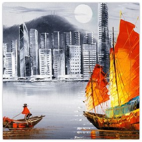 Obraz - Victoria Harbor, Hong Kong, černobílá olejomalba (30x30 cm)