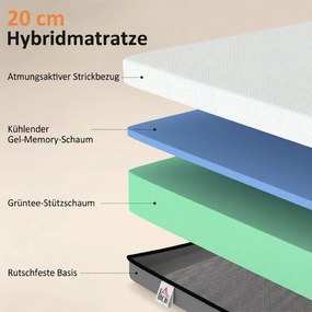 HOMCOM matrace, matrace s kapsovými pružinami, s paměťovou pěnou, zelený čaj, tuhost H3, Oeko-TEX & CertiPUR, 200x90x20 cm, šedá
